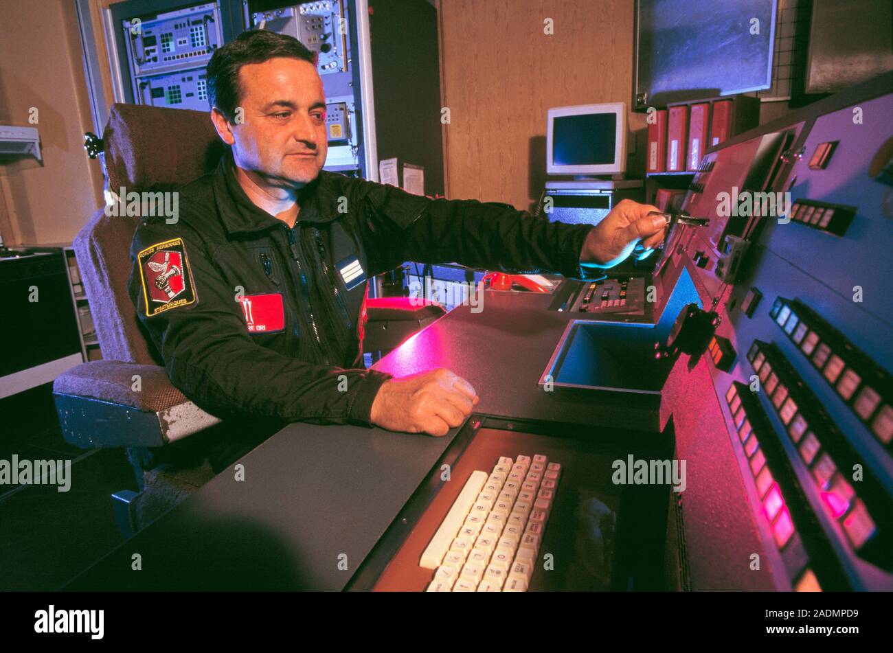 Nuclear missile control room. Duty officer holds the firing key at a ...