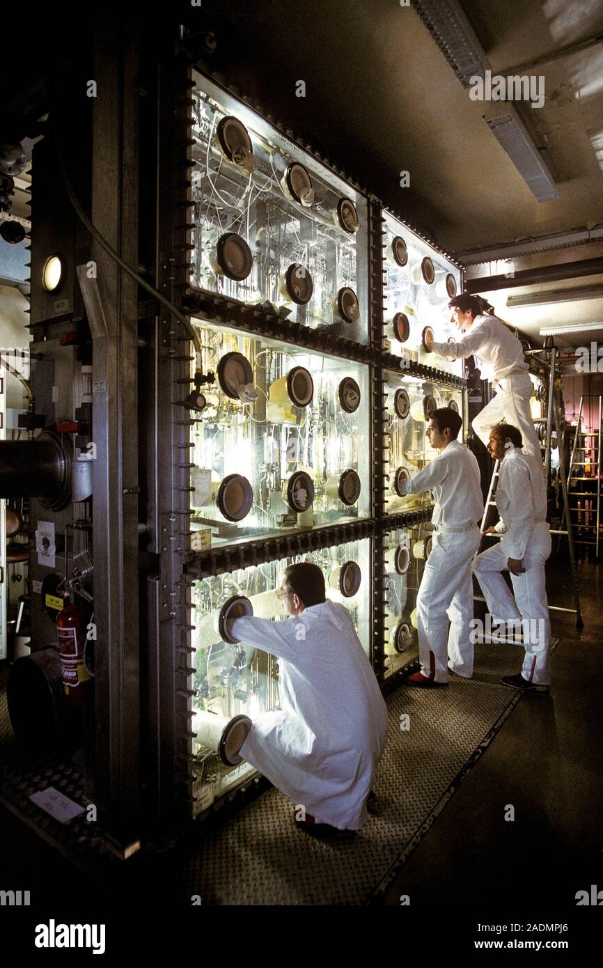Glove box handling of radioactive waste. Nuclear technicians using ...