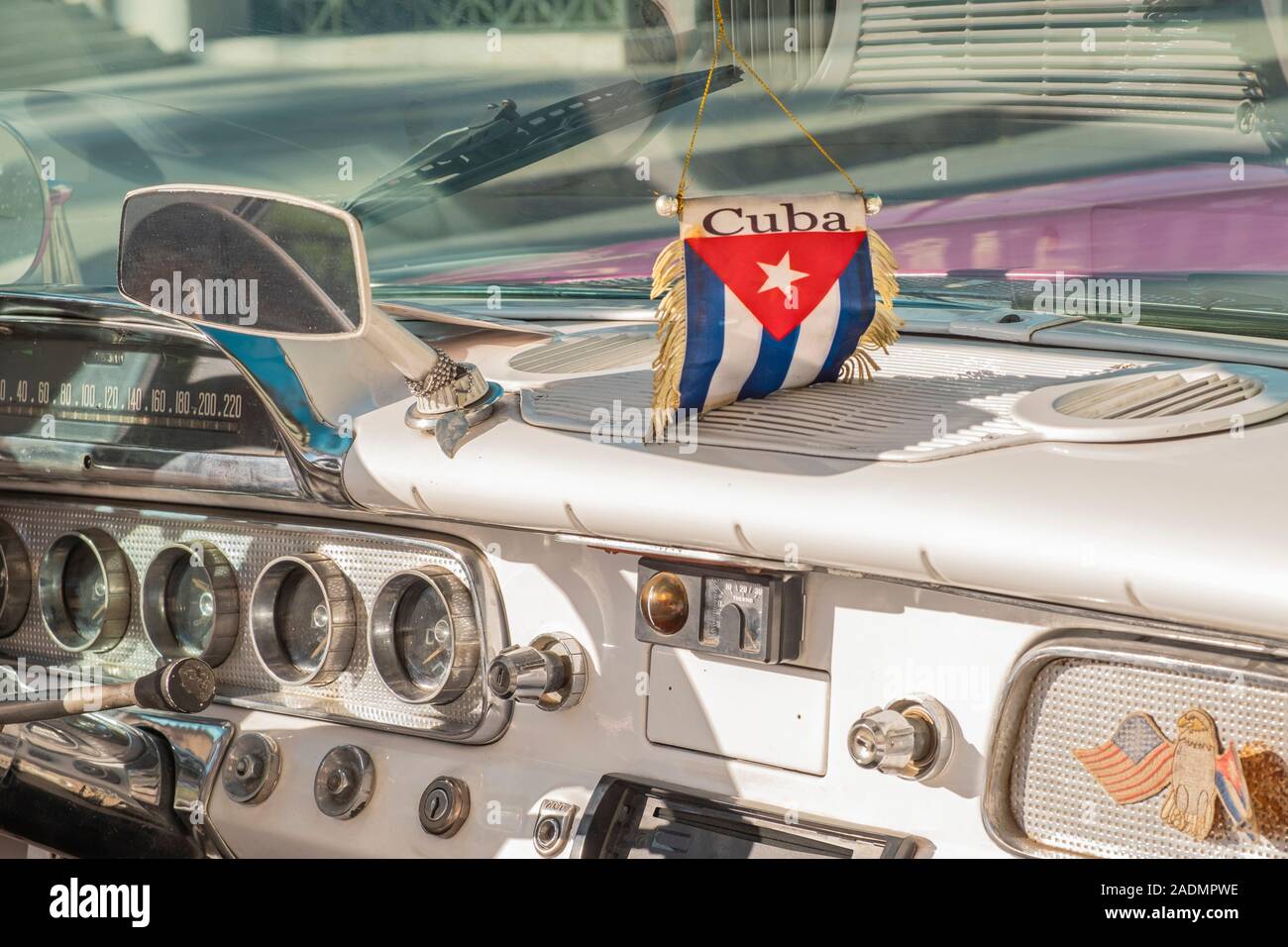 Interior shot of historic car with cuba banner Stock Photo - Alamy
