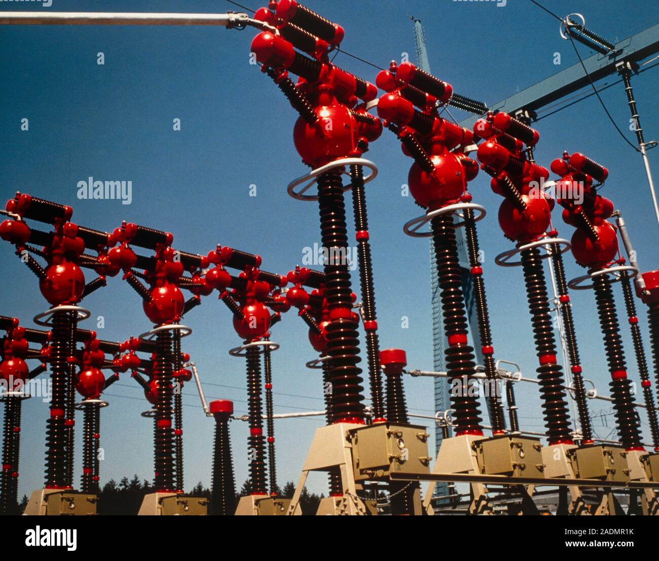 Circuit breakers at an electricity sub-station at Oregon City, USA ...