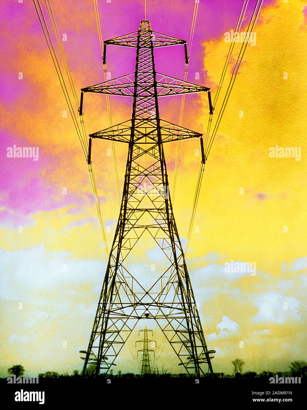 False-colour photograph of a pylon supporting electricity transmission ...