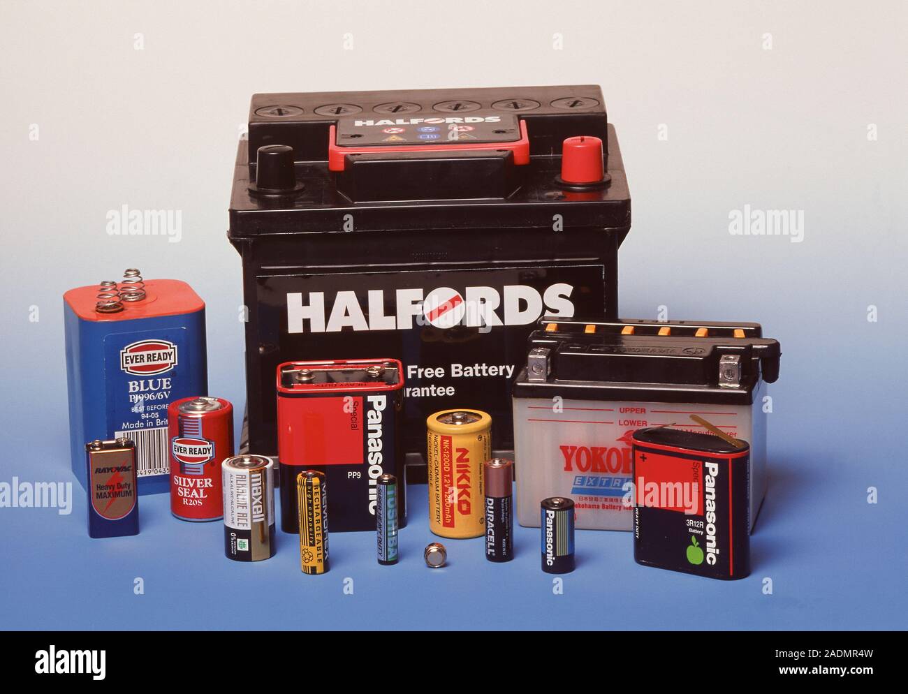 Batteries. An assortment of different types, sizes and brands of ...