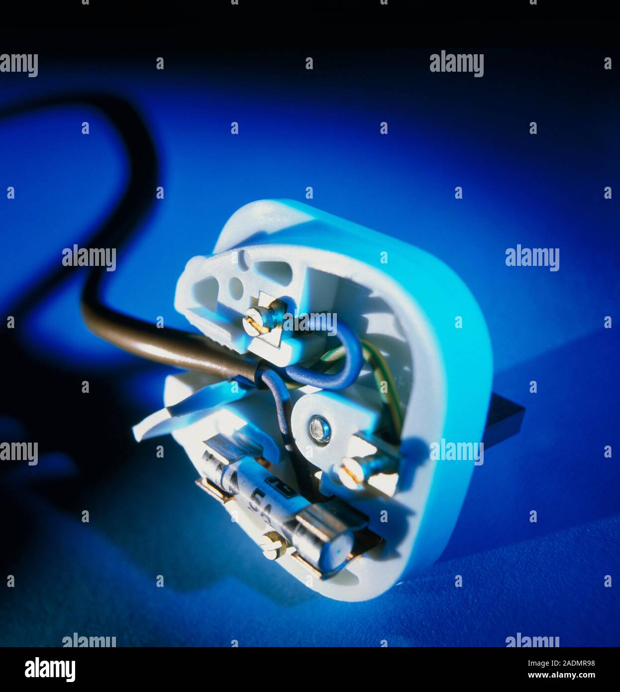 Electric plug opened to show the internal wiring. A five amp fuse is ...