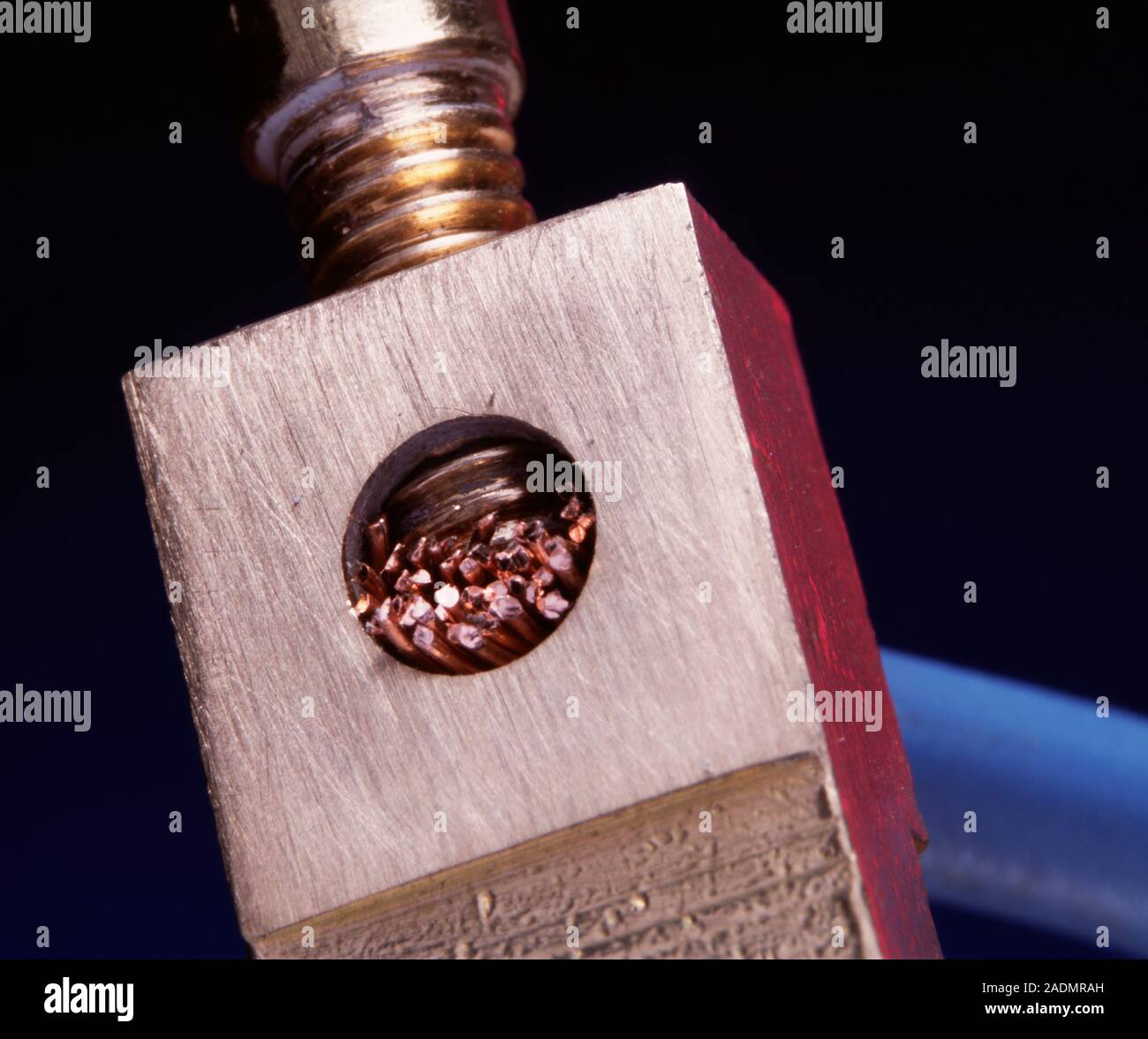 Electrical plug terminal. Close-up of a terminal block with the strands ...