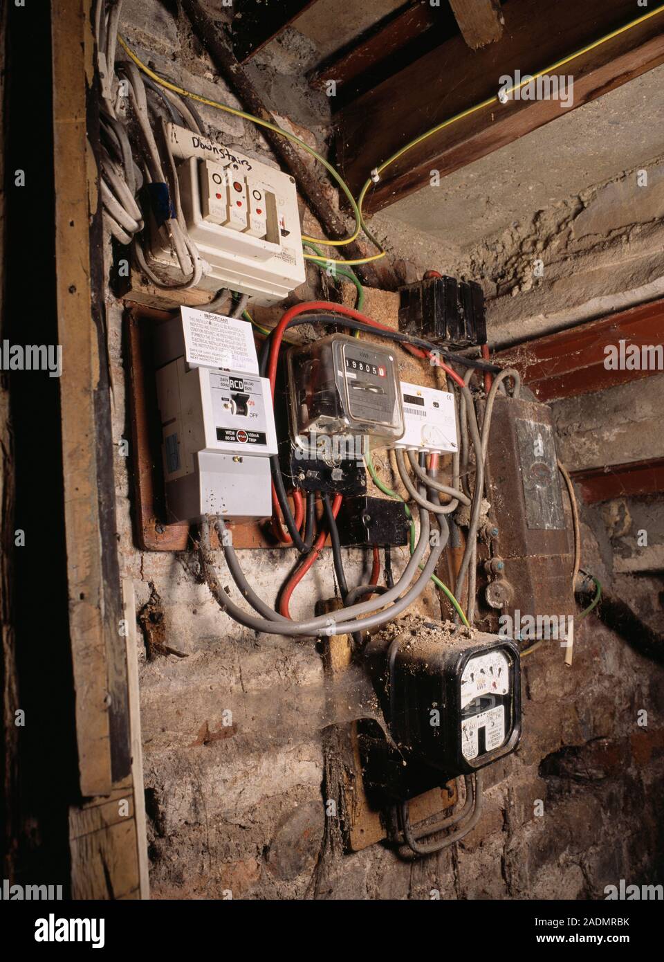 Electricity meters. Domestic electricity equipment mounted on a wall ...