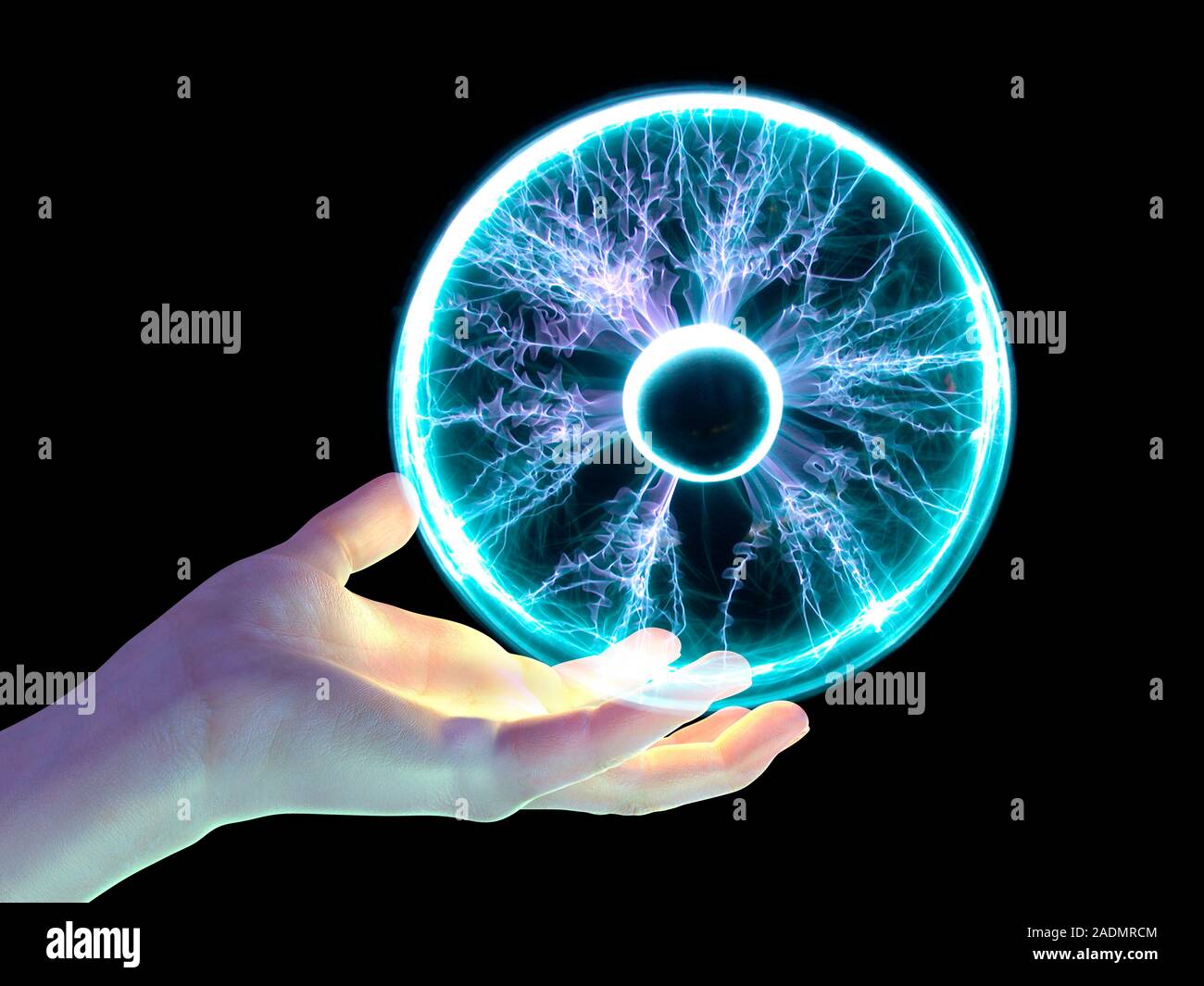 Plasma globe floating above a hand, computer artwork. A plasma globe is ...