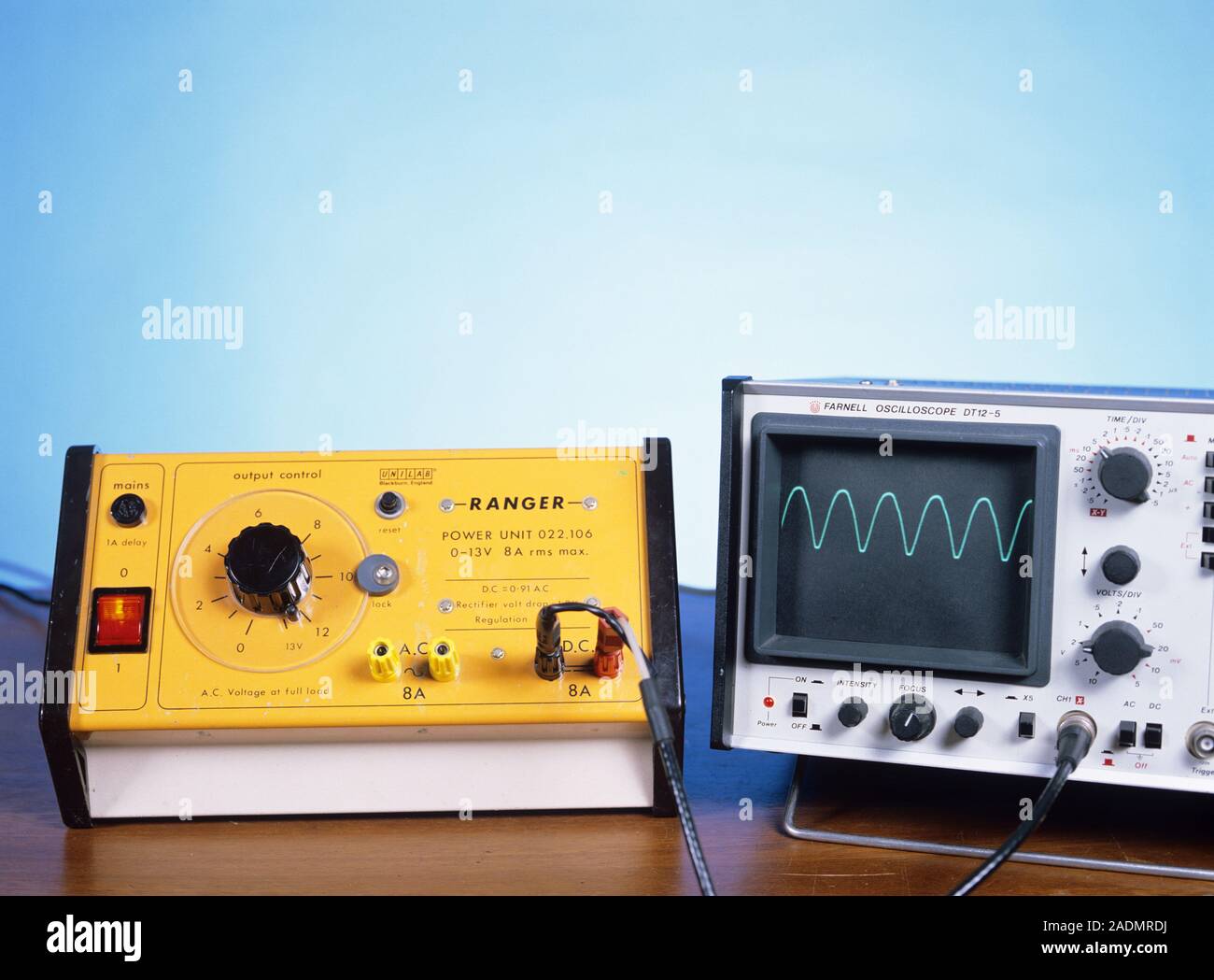 Power supply experiment. Power pack (left) and oscilloscope (right ...