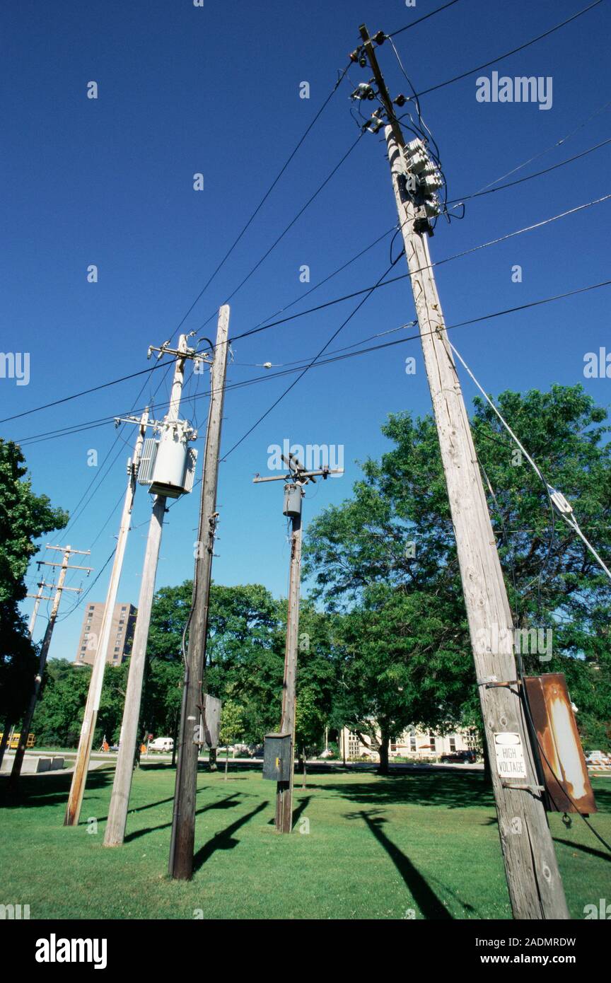 Electrical power lines. These are urban power lines carrying ...