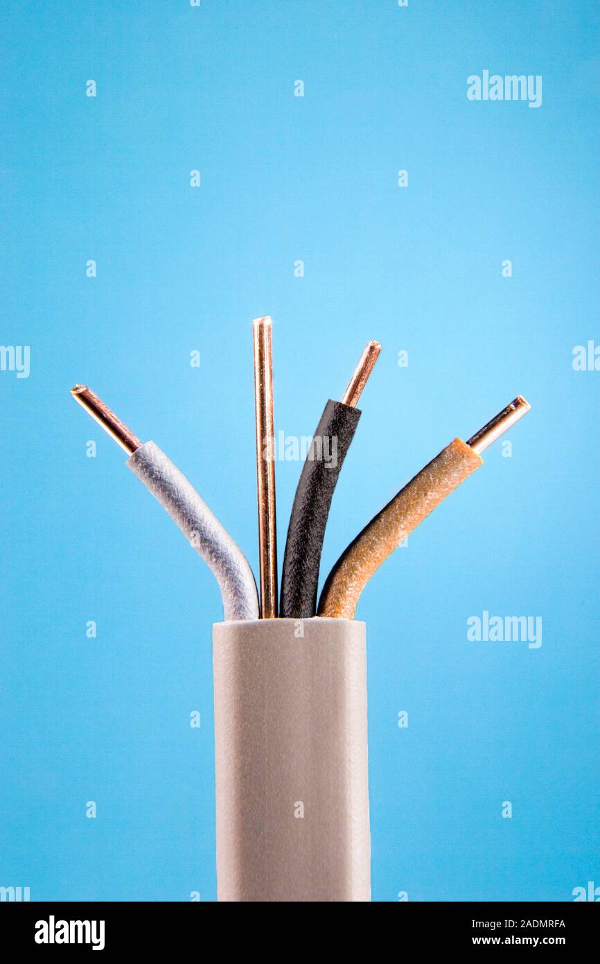 Electrical cable. Cutaway end of a three-core and earth electrical ...