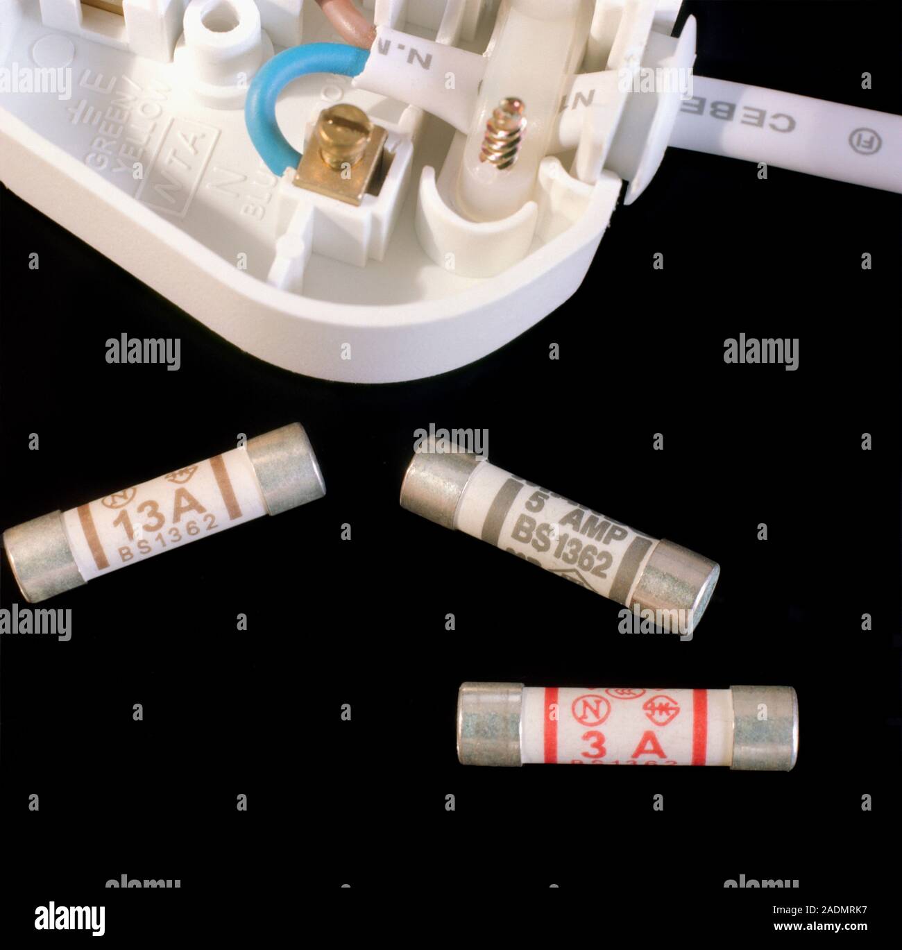 Electrical plug and fuses. The fuses are of different ratings; 13 amp ...