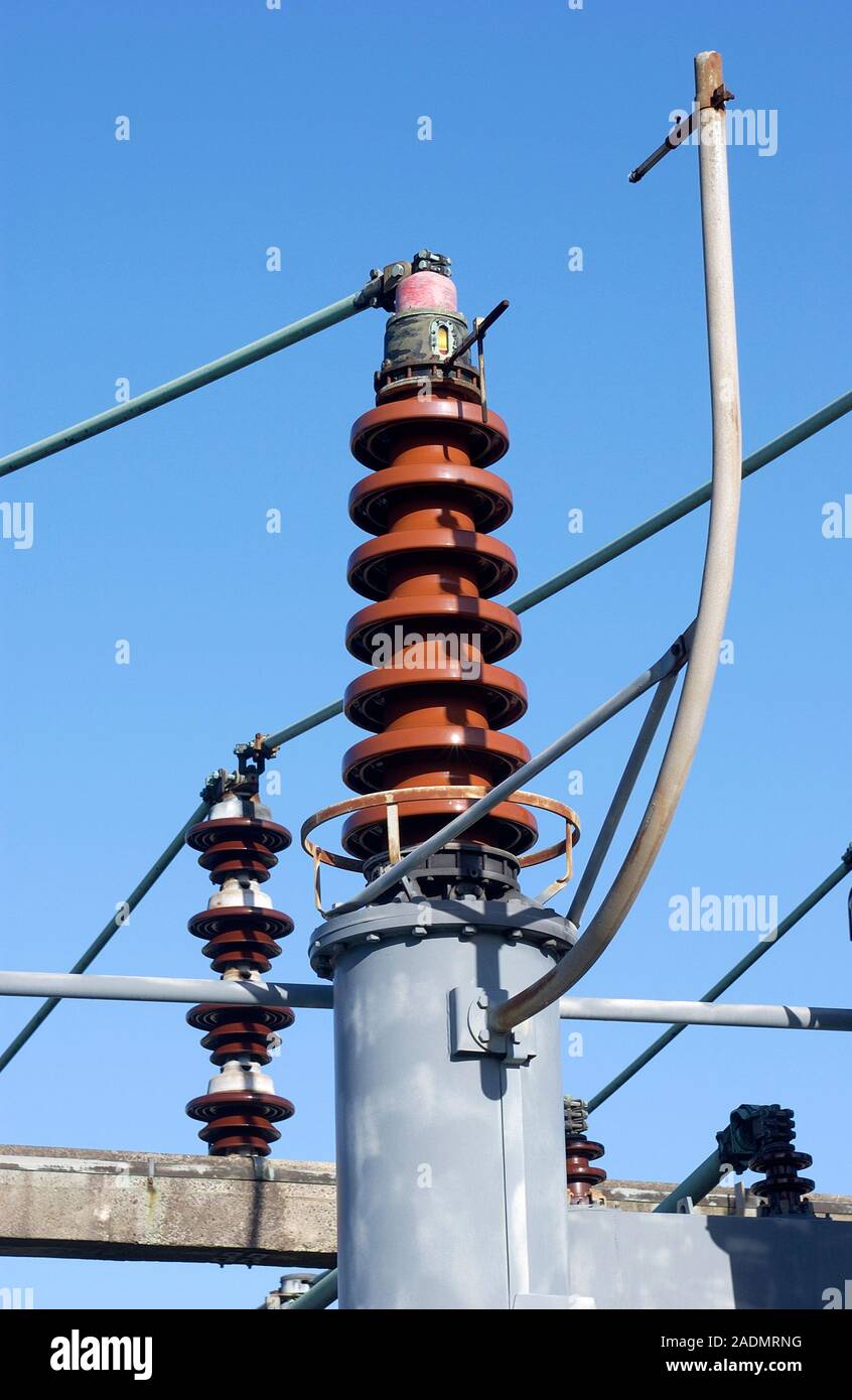 Electrical substation. This ceramic insulator is part of an electrical ...