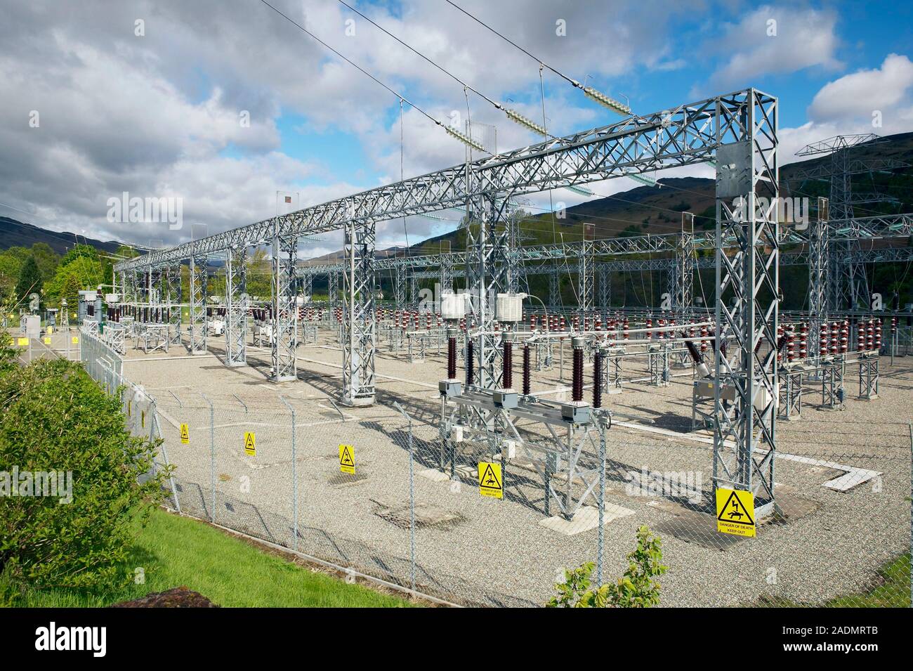Hydroelectric power substation. A substation converts electricity from ...