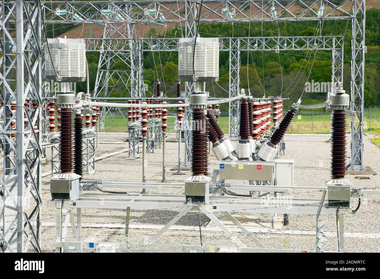 Hydroelectric power substation. A substation converts electricity from ...