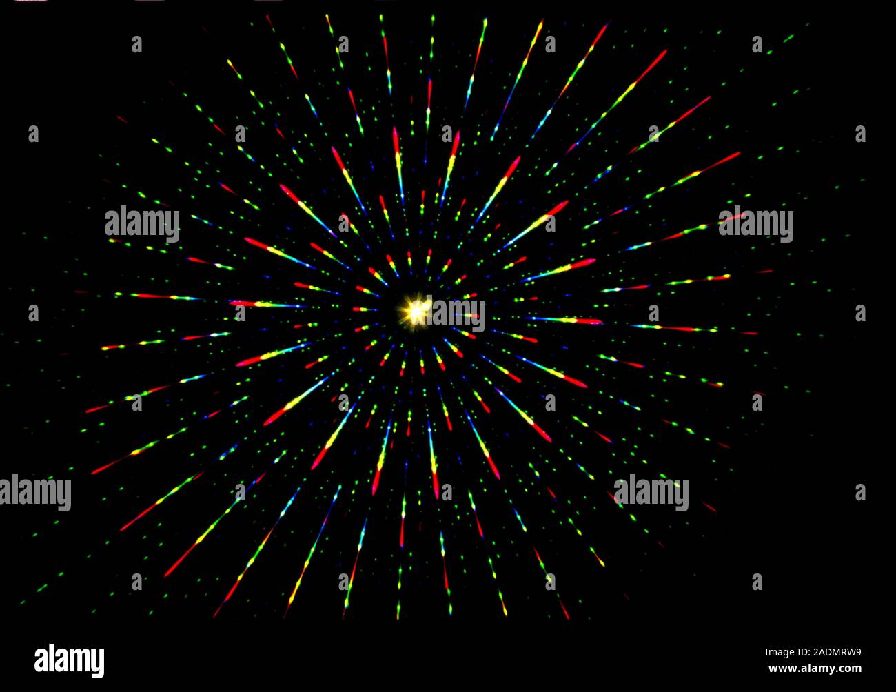 Diffraction pattern produced by the passage of incident white laser ...