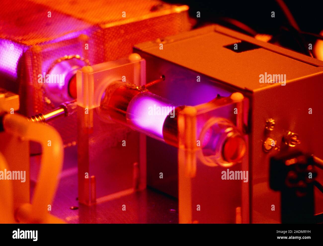 Laser used in stomach ulcer test. A carbon dioxide laser emits pink ...