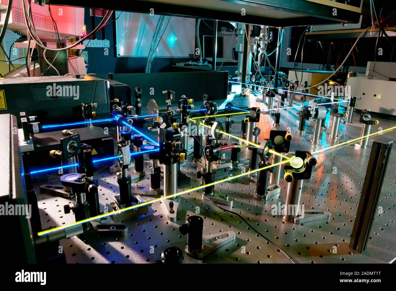 Flash photolysis equipment, showing lasers (blue and yellow). Flash ...