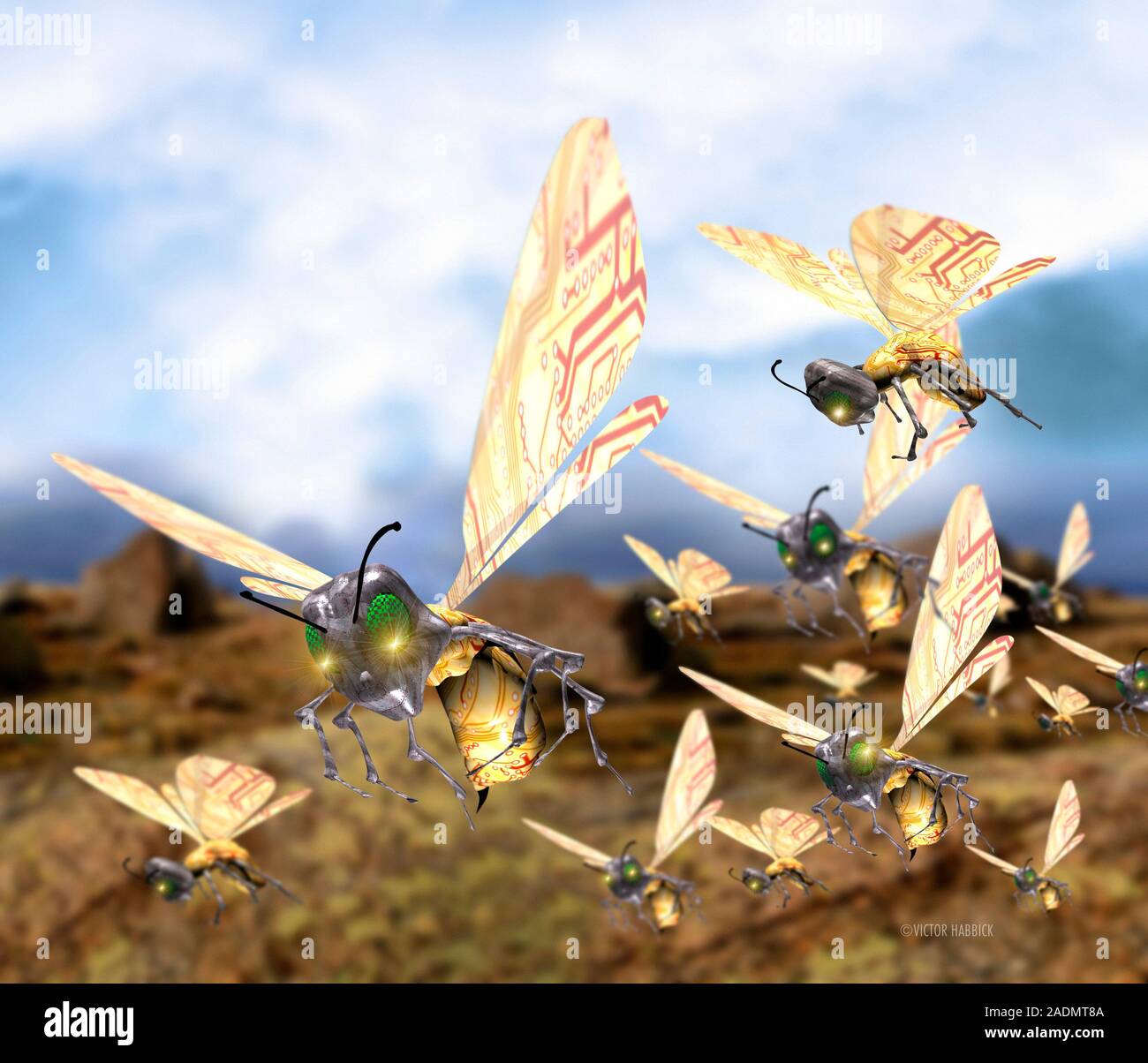 Insect robots. Computer artwork of a swarm of MEM (Micro Electro ...