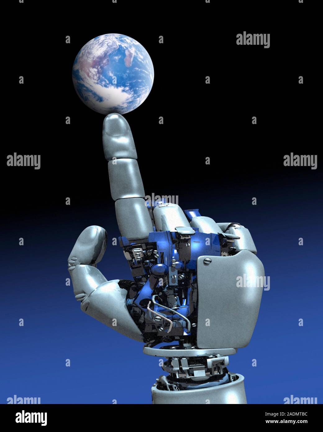 Earth spinning on robotic finger. Conceptual computer artwork of robots ...