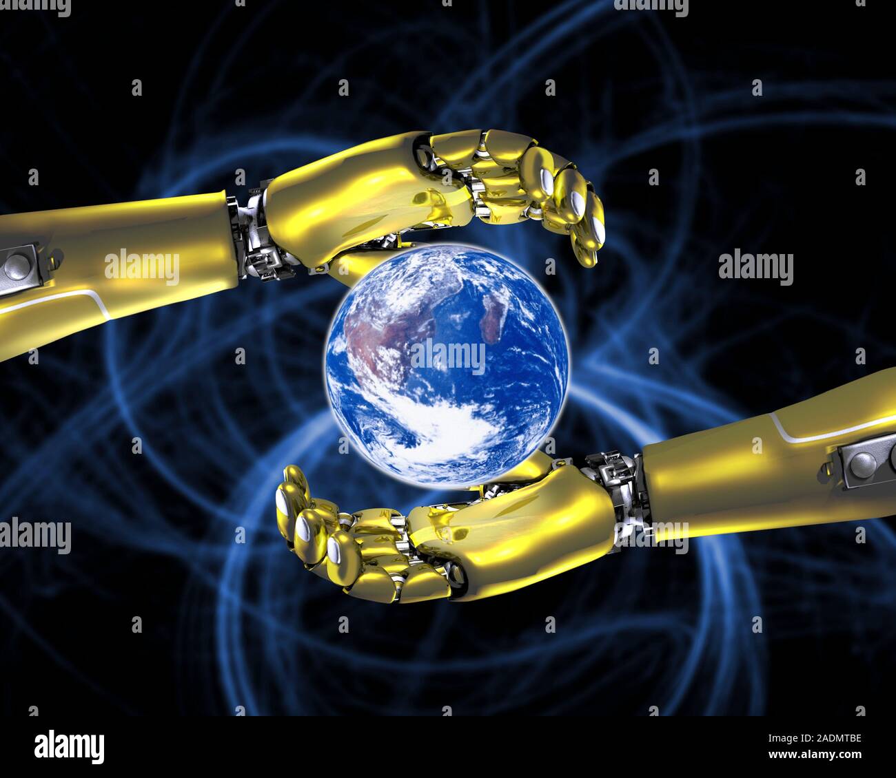 Robotic hands and Earth. Conceptual computer artwork of robots taking ...