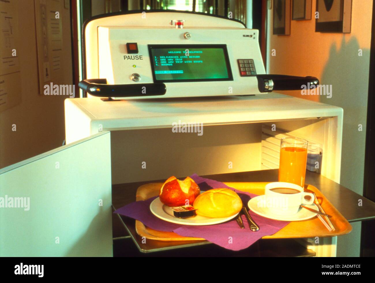 Domestic robot. Helpmate domestic robot delivers food in a hospital ...