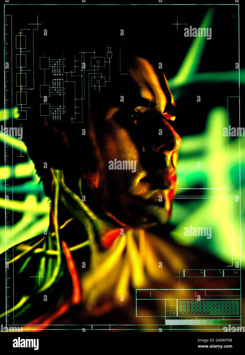 Android robot. Conceptual computer artwork of a man's face with ...
