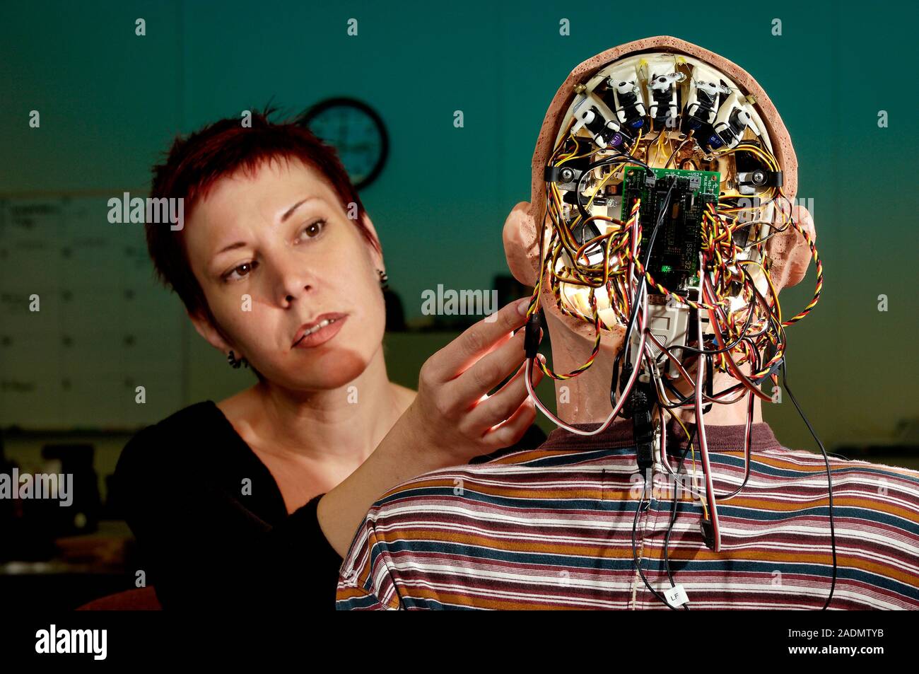Humanoid robot head. Technician adjusting wires on the head of 'Joey ...