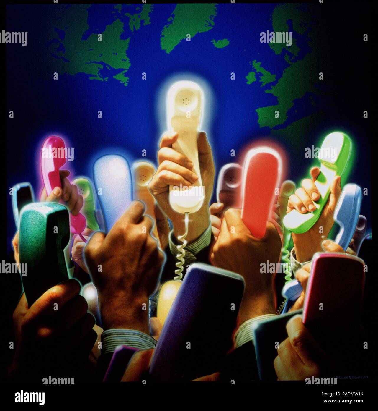 Global communication. Conceptual image of several differently coloured ...