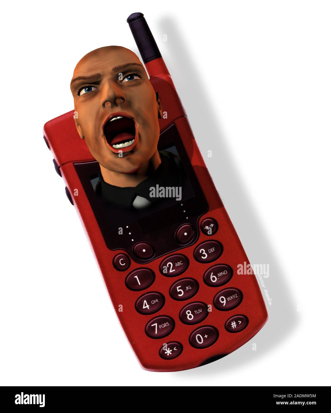 Mobile phone rage. Conceptual computer artwork of the head of an angry ...