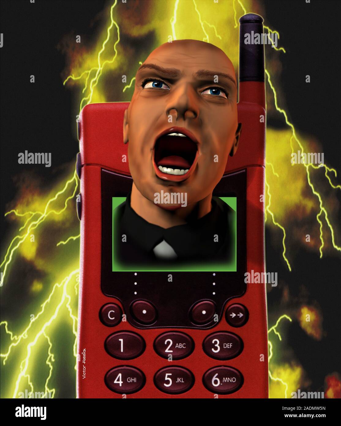 Mobile phone rage. Conceptual computer artwork of lightning striking ...