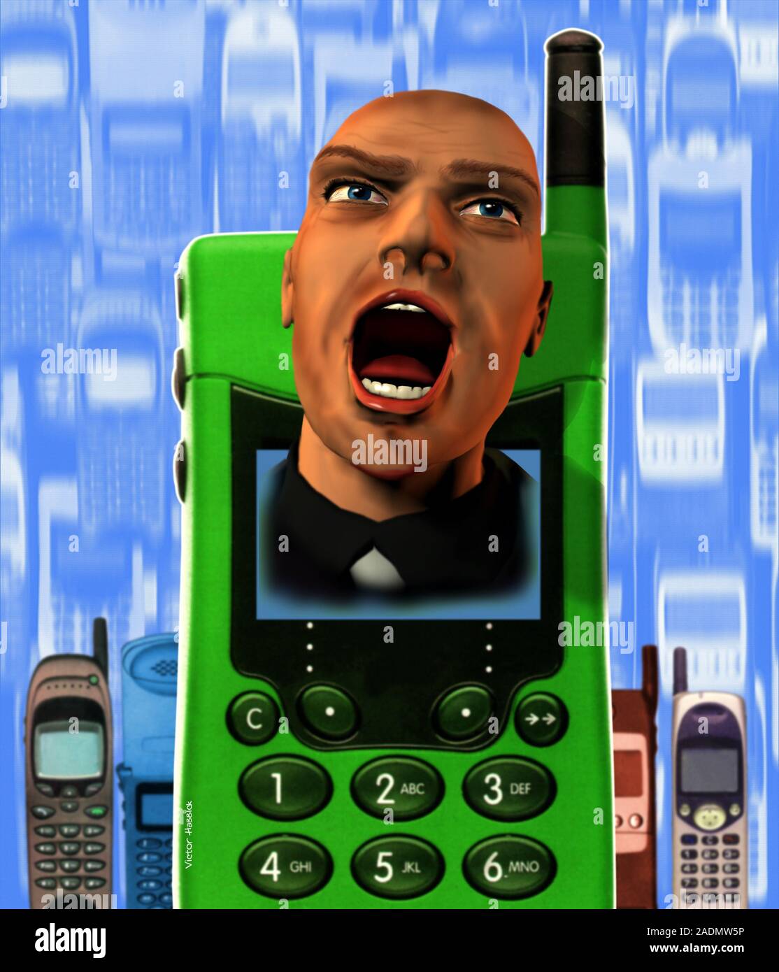 Mobile phone rage. Conceptual computer artwork of the head of an angry ...