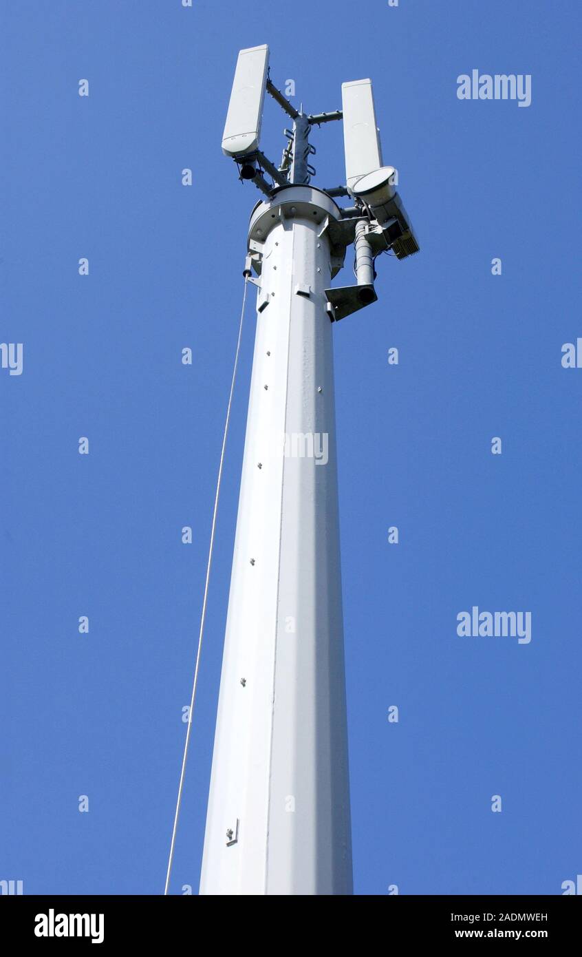 Mobile phone mast. Antennas mounted on top of a mast. The panel-shaped ...