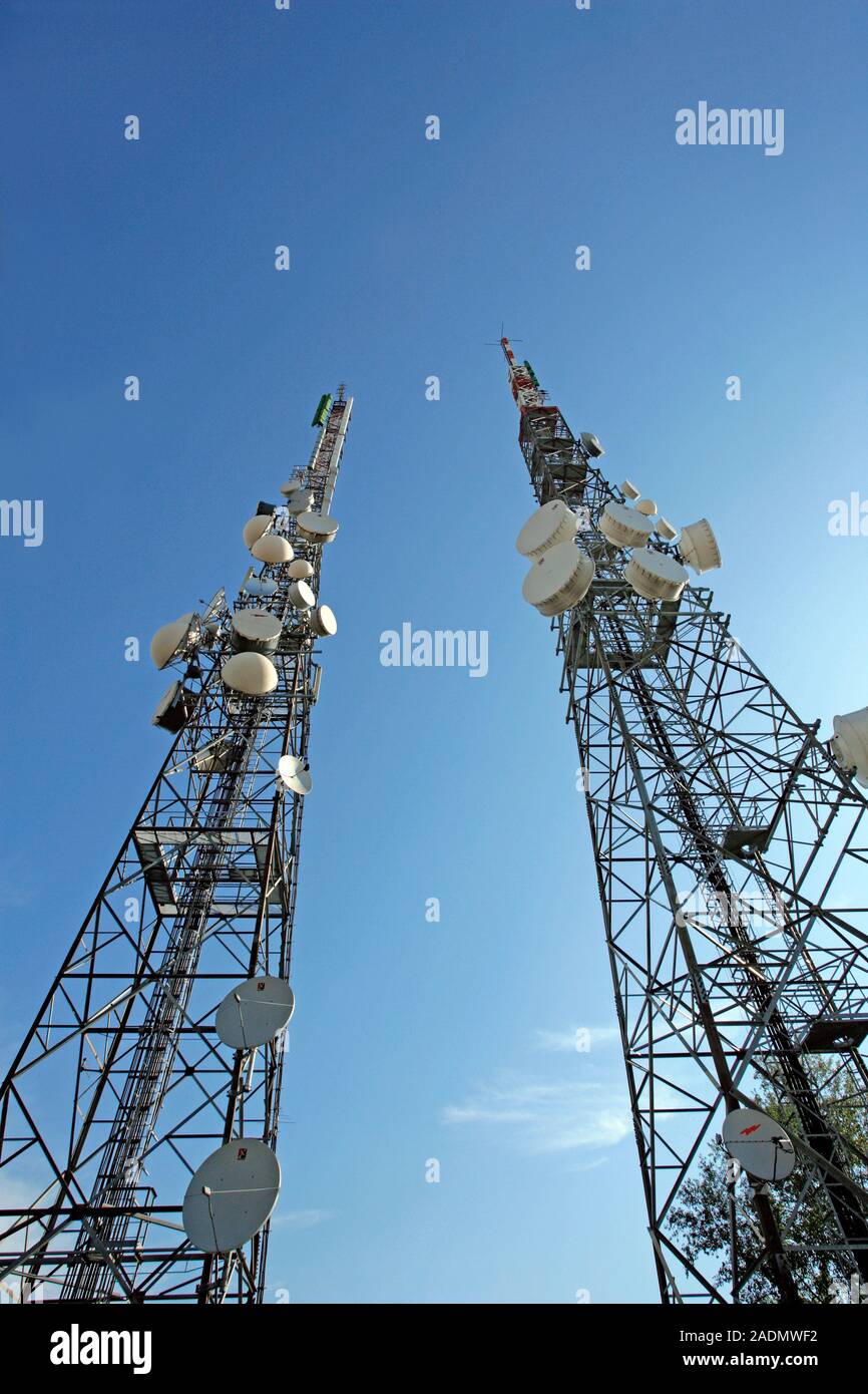 Telecommunications masts. The dishes and antennas on these masts receive, amplify and relay ...