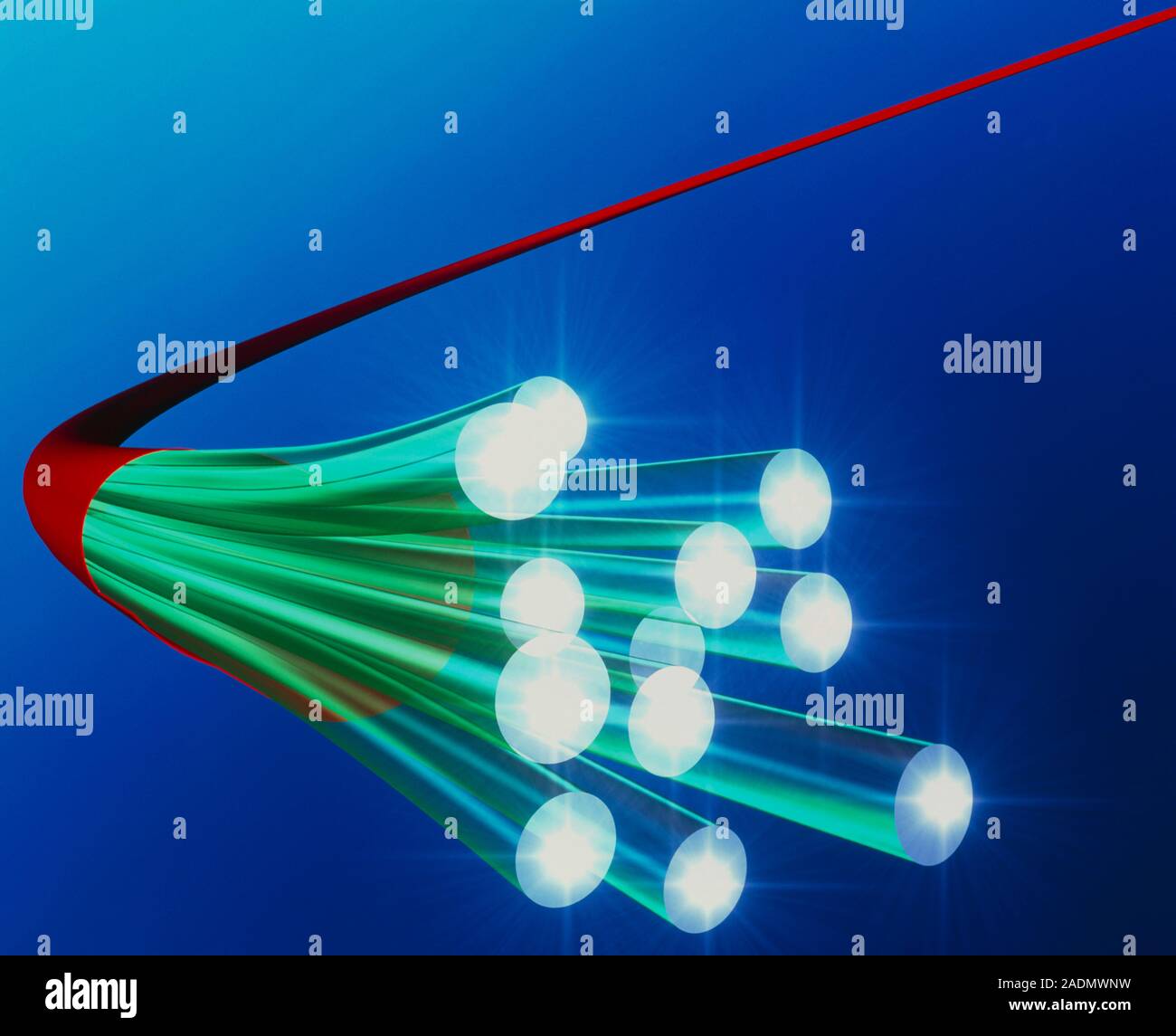 Fibre optics. Computer illustration of a bundle of optical fibres ...