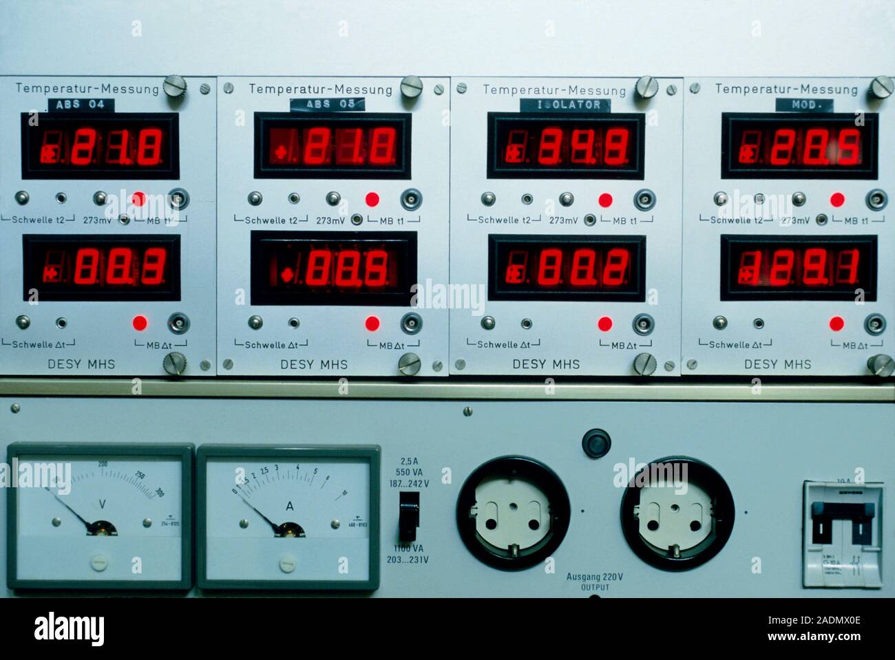 LED (light-emitting diode) displays & meters in a rack of electronic ...