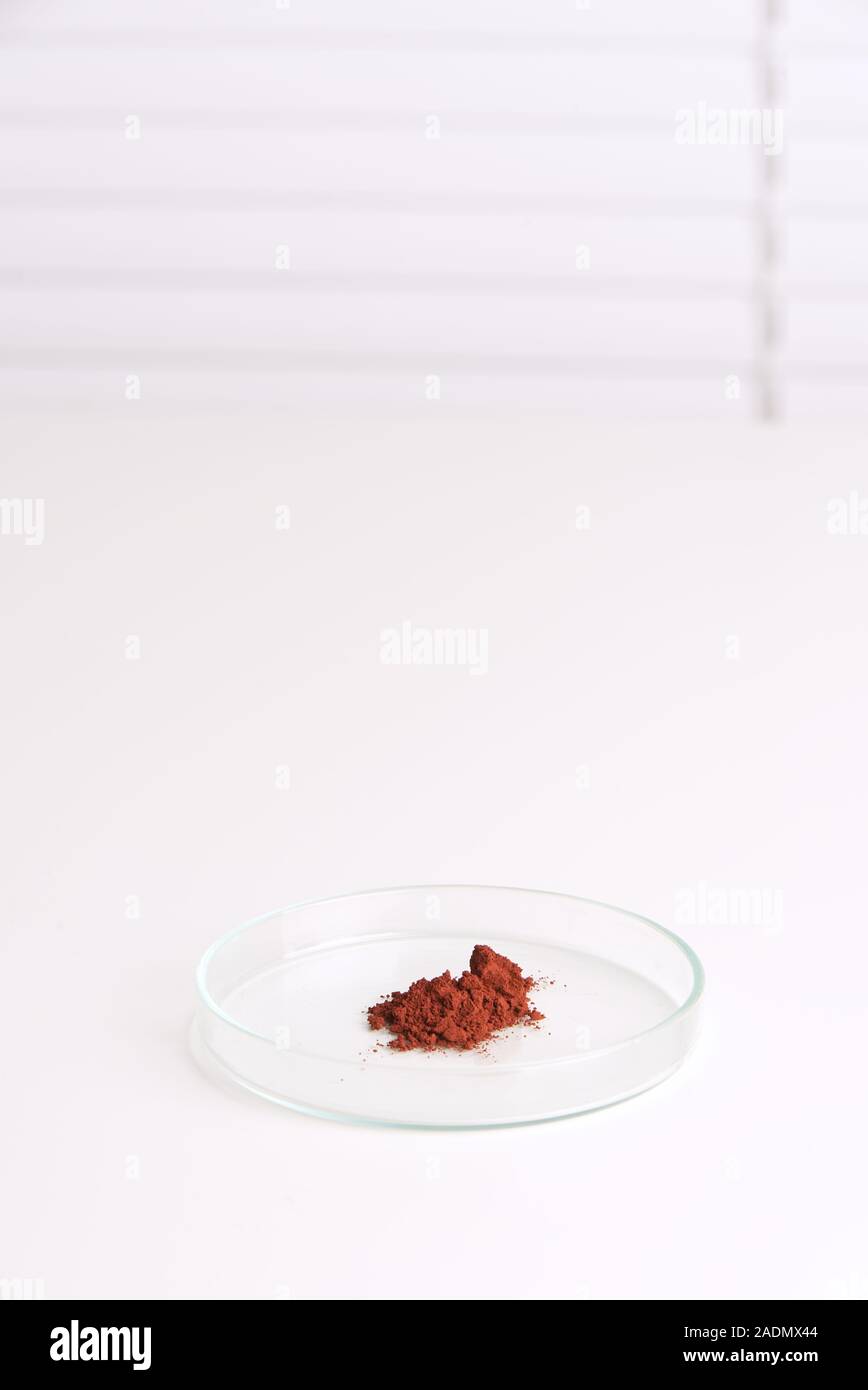 Iron III oxide powder in a glass petri dish isolated on white ...