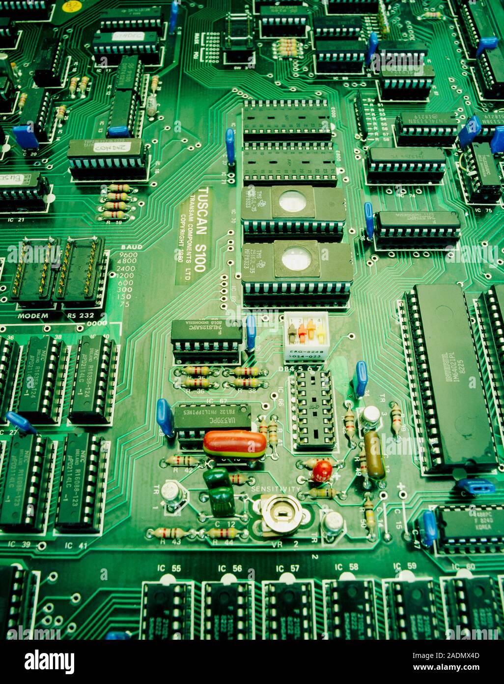 Transam Tuscan S100 computer processor board (mother board) showing E-PROM chips (with white ...