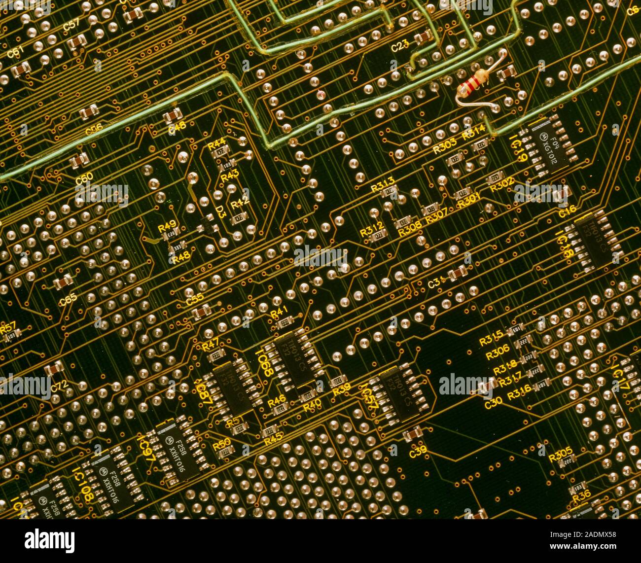 Computer circuit board. Close-up view of the back a modern computer ...