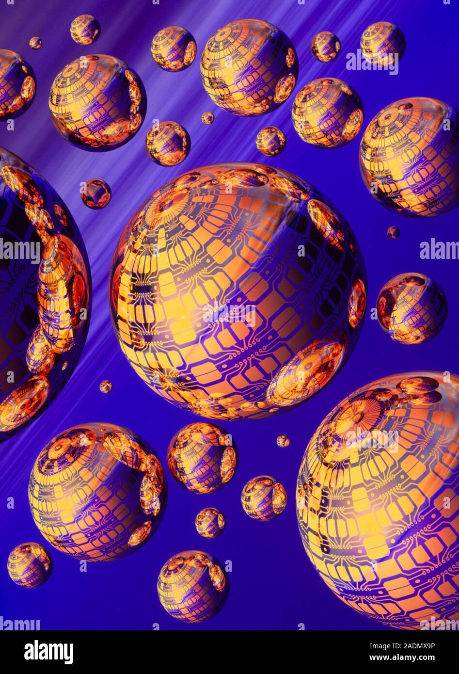 Circuit board spheres. Abstract computer artwork of several spheres ...