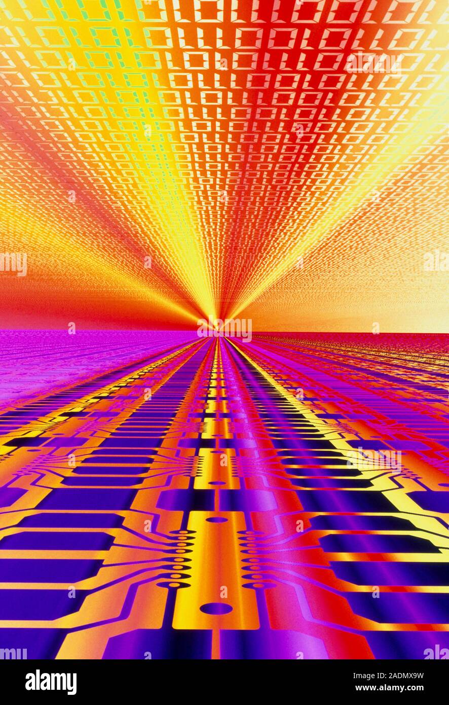 Circuit board and binary digits. Computer artwork of a plane ...