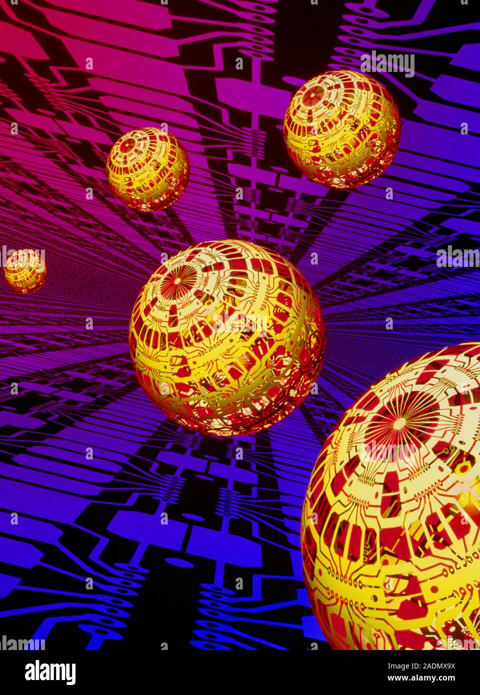 Circuit board spheres. Abstract computer artwork of several spheres ...