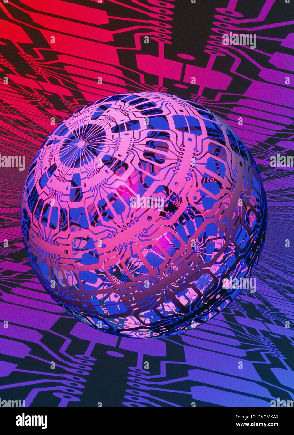 Circuit board sphere. Abstract computer artwork of a sphere made up of ...