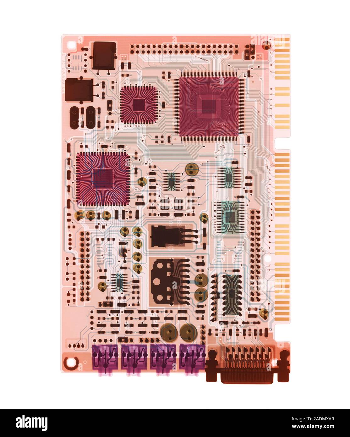 Sound card. Coloured X-ray of a sound card (or sound board), a printed ...