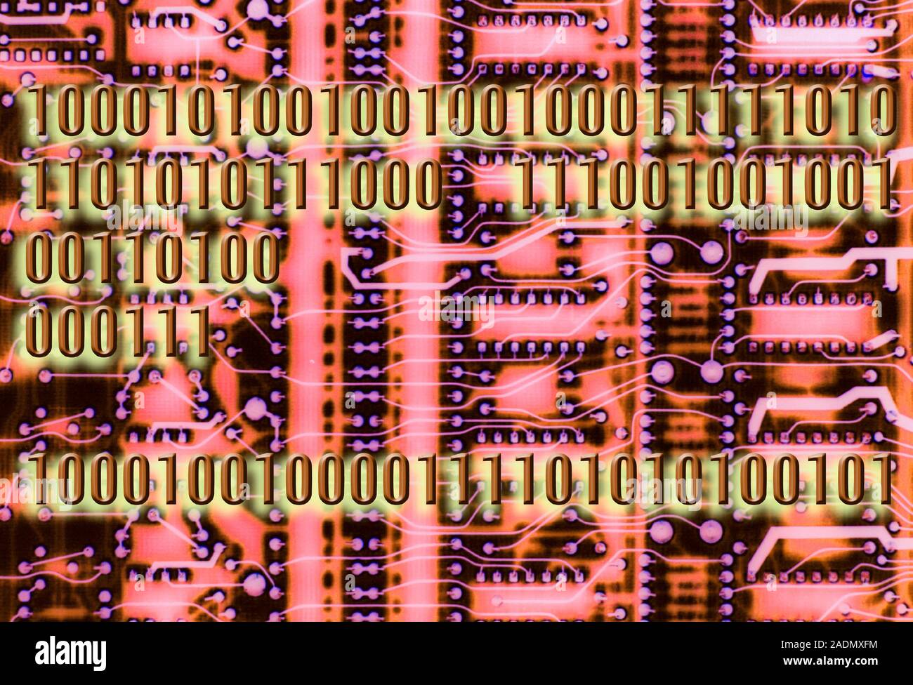 Computer circuitry, conceptual image. Binary code (ones and zeros ...