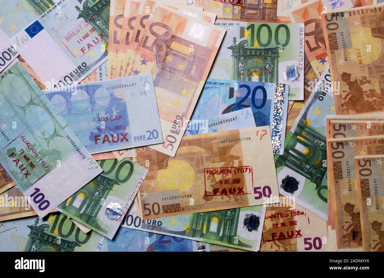 Counterfeit Euro banknotes. These banknotes failed tests for the ...