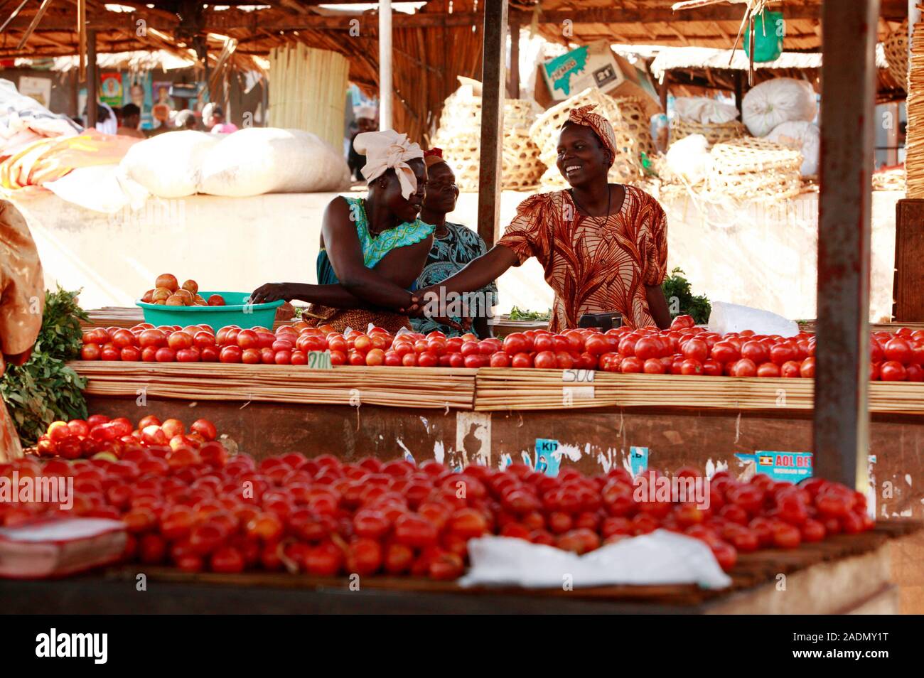 Tomato market stall. Women talking at a market stall selling tomatoes ...