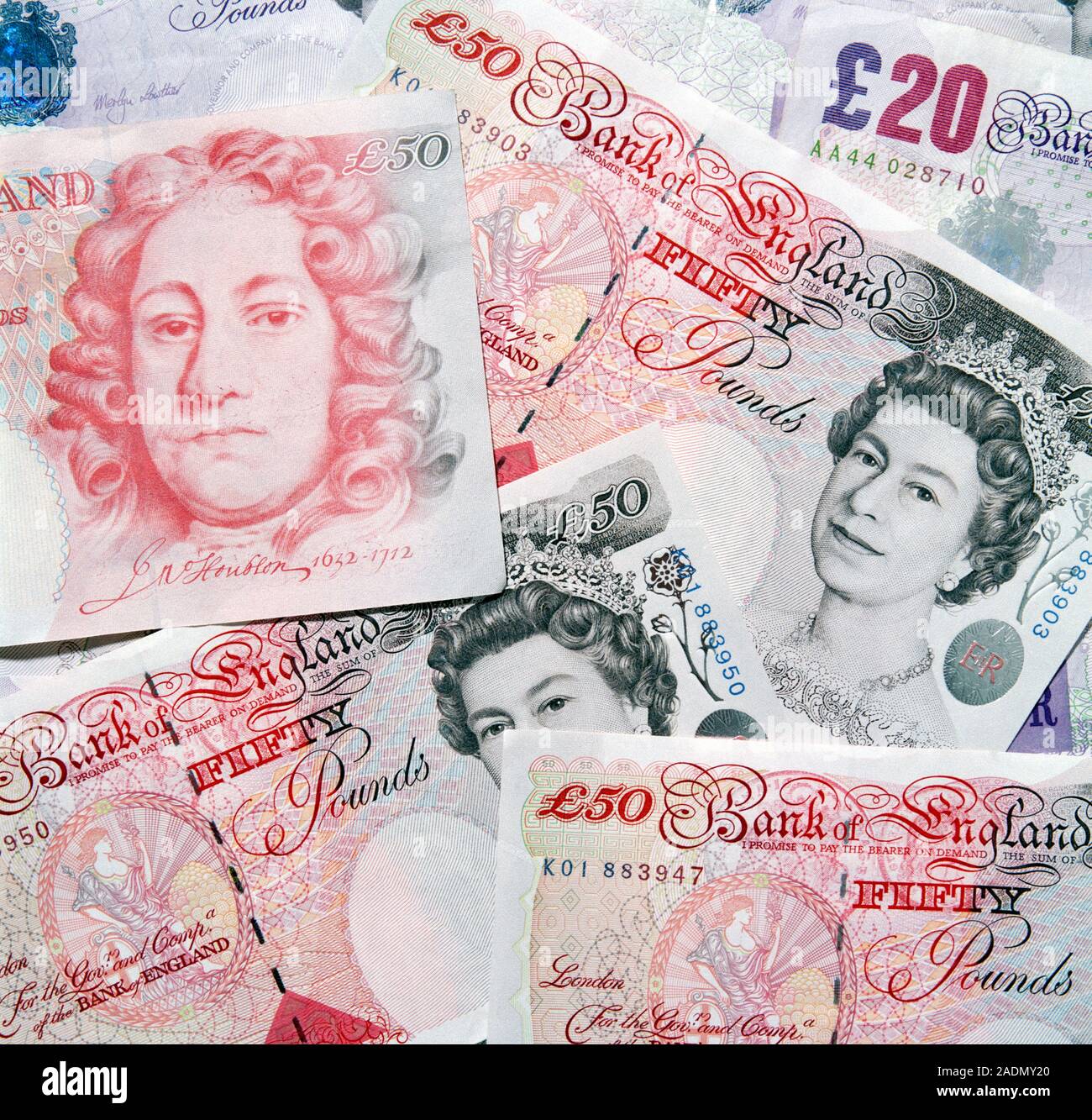 British currency. Fifty and twenty pound notes. The fifty pound note ...