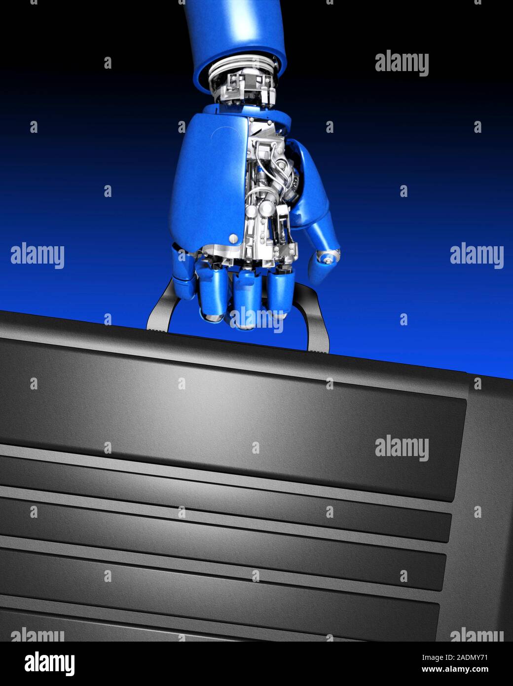 Robots in business, conceptual computer artwork. Robotic arm holding a ...