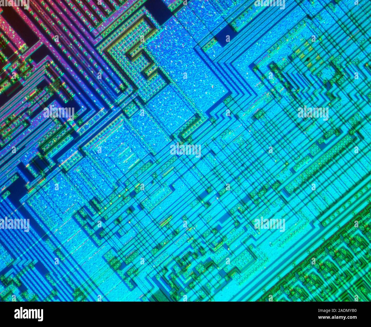 Light micrograph of the surface of an integrated circuit. Magnification ...