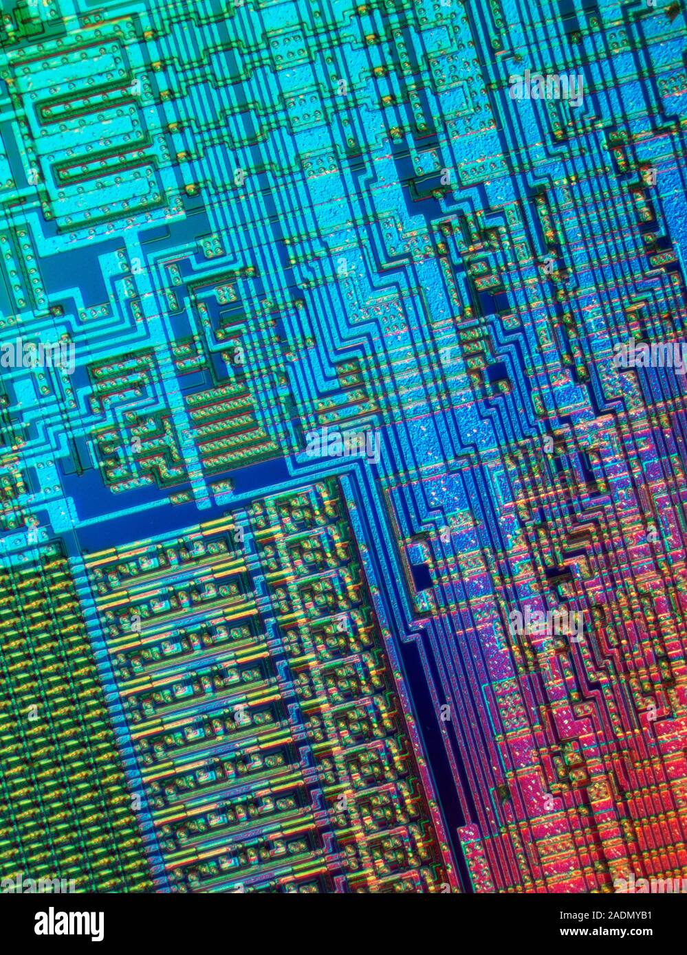 Light micrograph of the surface of an integrated circuit. Magnification ...