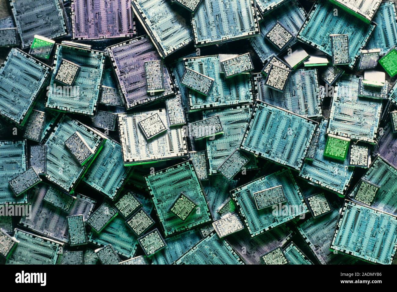 Macrophotograph of a collection of integrated circuits. Magnification ...